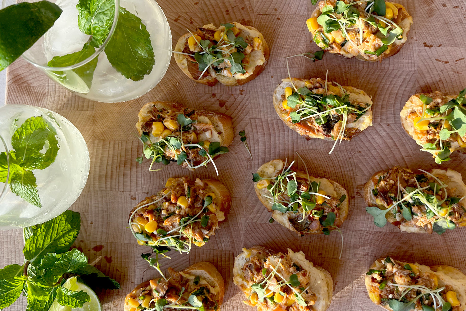 Smoked Fish & Hummus Crostinis with Garden Party Cocktails I SIMPLi